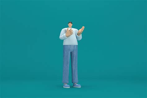 청바지와 긴 셔츠를 입은 만화 캐릭터 그는 말할 때 몸과 손의 표현입니다 연기의 3d 렌더링 3차원 형태에 대한 스톡 사진 및 기타 이미지 Istock