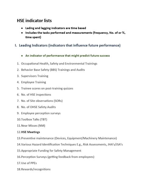 List Of Hse Indicators Pdf