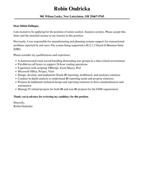 Senior Analyst Business Systems Cover Letter Velvet Jobs