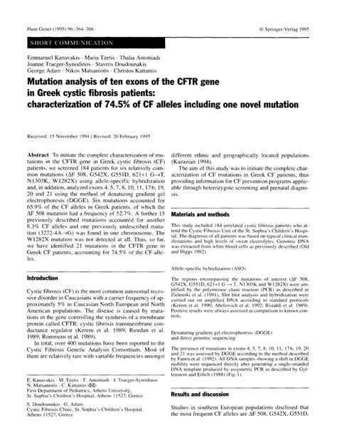 Pdf Mutation Analysis Of Ten Exons Of The Cftr Gene In Greek Cystic