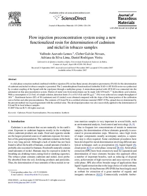 Pdf Flow Injection Preconcentration System Using A New Functionalized Resin For Determination