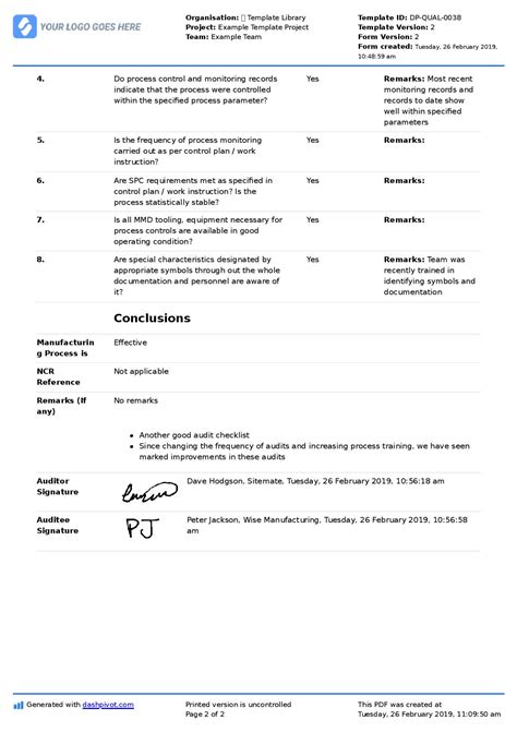 Manufacturing Process Audit Checklist Template Free To Download