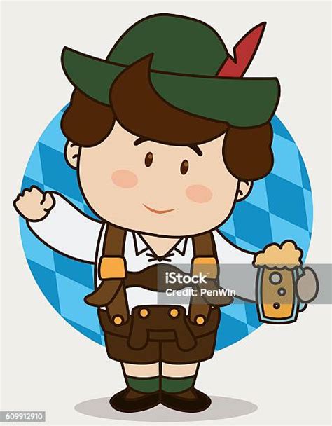 โปสเตอร์การ์ตูนกับบาวาเรียน่ารักเล็ก ๆ น้อย ๆ สวม Lederhosen ใน