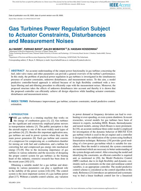 Pdf Gas Turbines Power Regulation Subject To Actuator Constraints Disturbances And