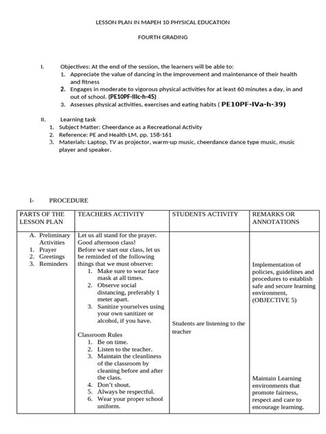 Indicator Lesson Plan Pdf Physical Education Learning