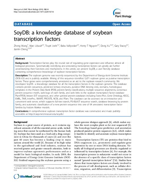 Soydb A Knowledge Database Of Soybean Transcription Factors