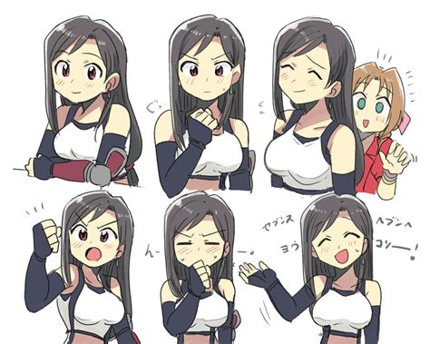 Safebooru 2girls Aerith Gainsborough Arm Up Asymmetrical Hair Bangs