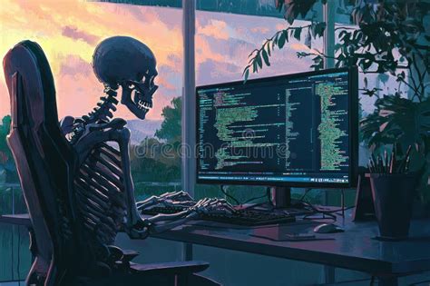 skeleton programming in office with stunning view focused on computer