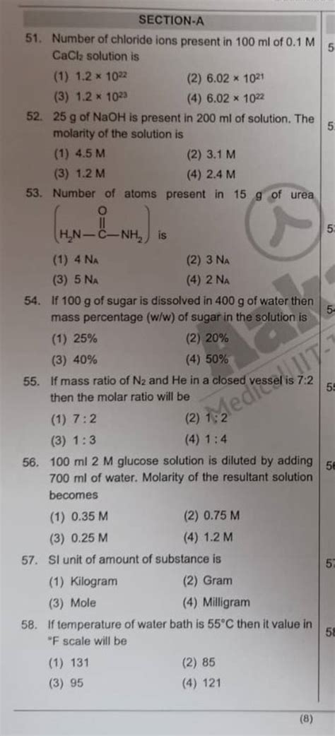 100ml2m Glucose Solution Is Diluted By Adding 700ml Of Water Molarity Of