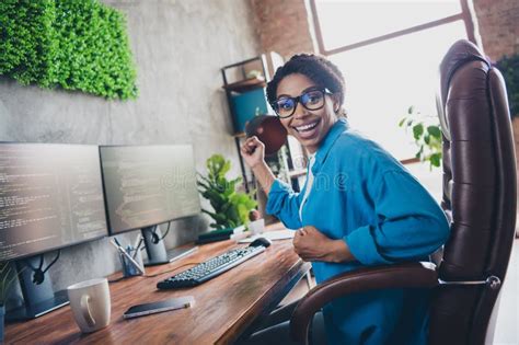 Photo Of Attractive Young Woman Coding Excited Developer Win Wear Blue