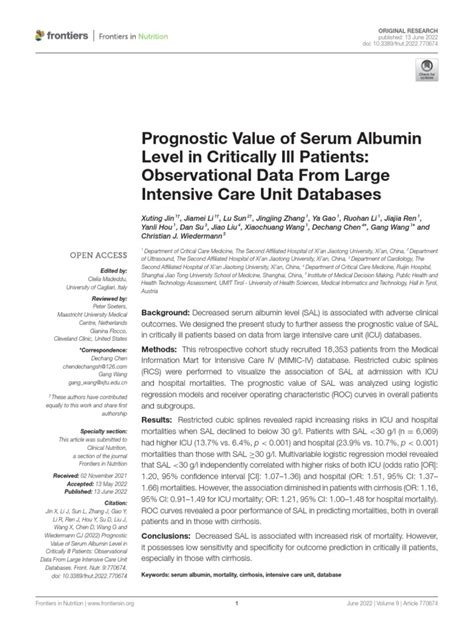 Xuting 2022 Prognostic Value Of Serum Albumin Level In Critically Ill