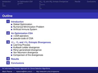 An Information Theoretic Approach For Clonal Selection Algorithms PPT
