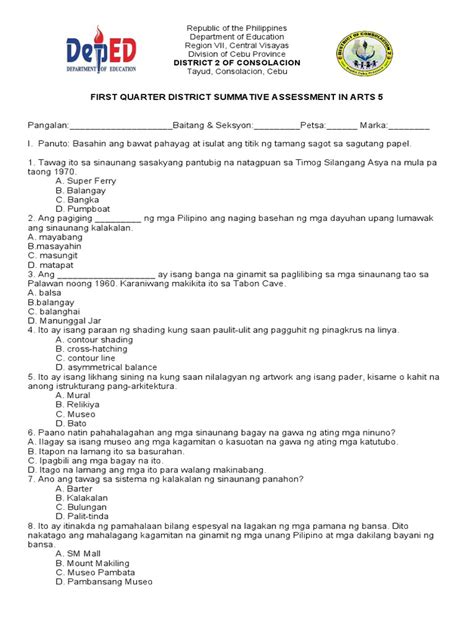Arts 5 1st Quarter District Summative Assessment Test Pdf