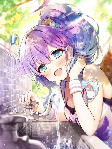 Safebooru 1girl D Bare Shoulders Blue Eyes Blurry Blush Bottle