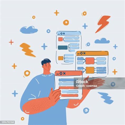 그의 생각에서 그의 프로젝트에서 일하는 사람의 벡터 일러스트레이션 프로젝트 프로토타이핑 벡터에 대한 스톡 벡터 아트 및 기타 이미지 벡터 Html 개념 Istock