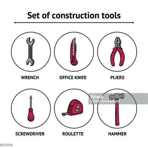 드라이버 사무실 칼 스패너 망치 테이프 측정 및 펜치와 건설 도구의 빨간색과 회색 세트를 그린 작업 및 노동 손 개발에 대한 스톡 벡터 아트 및 기타 이미지 Istock