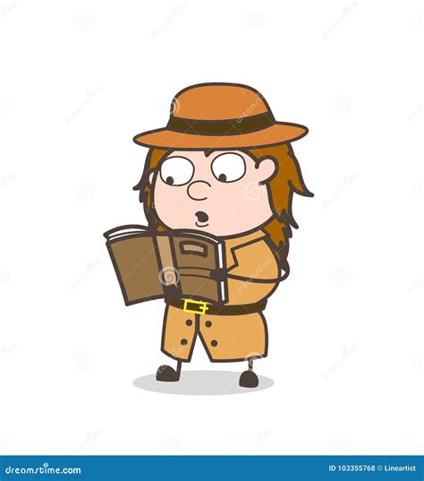 Reading Book Female Explorer Scientist Cartoon Vector Stock