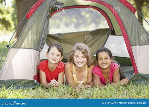 Group Of Girls Having Fun In Tent In Countryside Stock Image Image Of
