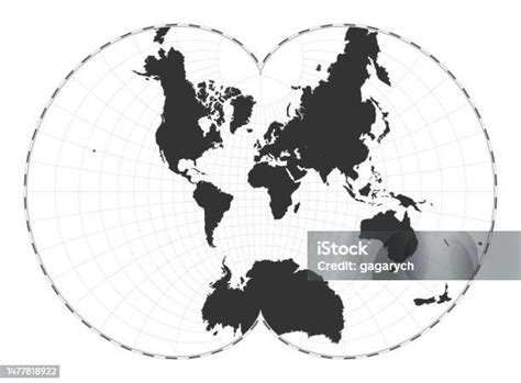 벡터 세계 지도입니다 8 월의 에피 사이클로이드 등각 투영 위도와 경도 선이 있는 일반 세계 지리 지도 경도 0deg의 중심에