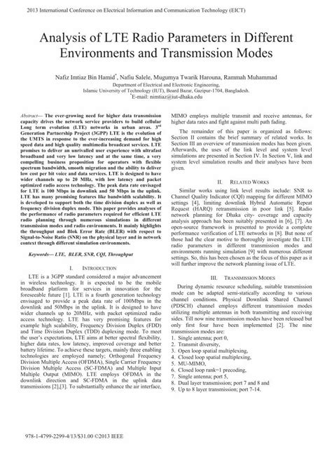 Pdf Analysis Of Lte Radio Parameters In Different Environments And Transmission Modes Pdf