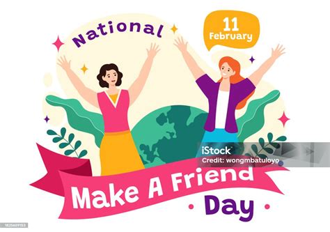 전국 친구 만들기 데이 벡터 일러스트 레이 션 2 월 11 일에 관찰 평면 만화 배경 디자인에서 누군가와 새로운 우정을 만나기