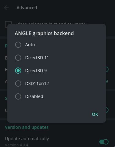 Suddenly Missing Opengl From Angle Graphics Backend Menu Issue Telegramdesktop