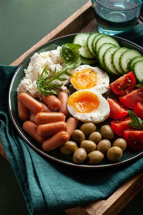 Healthy Keto Diet Breakfast Lunch Egg Feta Cheese Tomato Sausage Olive