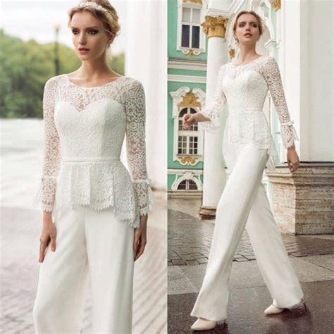 Elegant Peplum Lace Mother Of The Bride Pant Suits Jewel Neck With Long