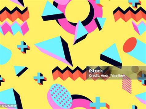 80 년대 의 스타일로 등등 측정 3d 개체와 기하학적 원활한 패턴 홍보 용 제품 포장지배경 벡터 일러스트레이션 1980 1989 년에 대한 스톡 벡터 아트 및 기타 이미지