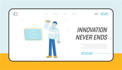 버그 수정 및 프론트 엔드 개발 웹 사이트 방문 페이지 렌치 웹 페이지 배너를 들고 있는 컴퓨터에 대한 기술 지원 서비스의 전문 운영자 만화 플랫 벡터 일러스트 라인 아트