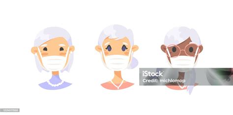 노인 남성과 여성 캐릭터의 집합입니다 만화 가면 사람들 고립 된 은퇴 아바타 플랫 일러스트는 노인과 여성의 얼굴을 보호합니다
