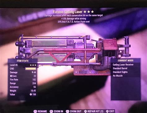 Ps4 H 3star Furious Gatling Laser W 10 Aim Damage And 25 Less