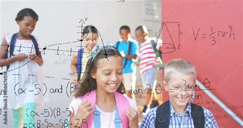 animation of math formulas over diverse pupils walking on school