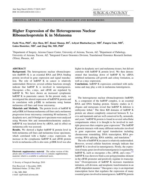 Pdf Higher Expression Of The Heterogeneous Nuclear Ribonucleoprotein