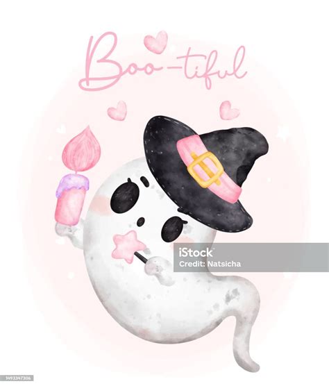 귀여운 행복한 미소 카와이 유령 환각 마녀 부 Tiful 만화 캐릭터 Bootiful 수채화 손으로 그린 벡터 0명에 대한 스톡