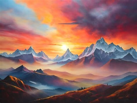Premium Ai Image Vibrant Sunset Over Misty Peaks