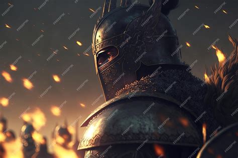 전장에서 갑옷을 입은 기사의 전투 말을 타고 질주하는 악의 기사 기수에 대한 선의 투쟁 전사의 불꽃과 화염 초상화 3d 렌더링 프리미엄 사진