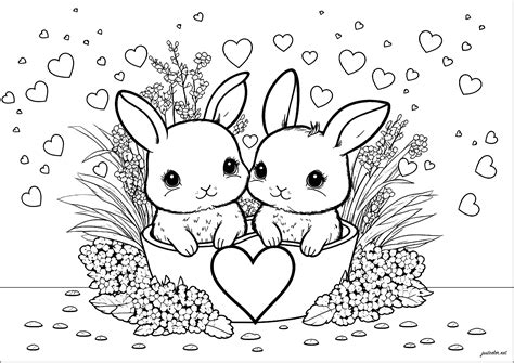 Valentines Rabbits Simple Coloring Page Showing Two Rabbits And Many