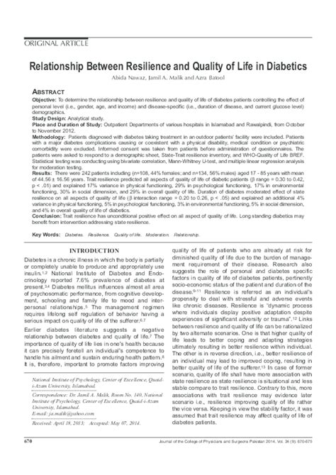 Pdf Relationship Between Resilience And Quality Of Life In Diabetics
