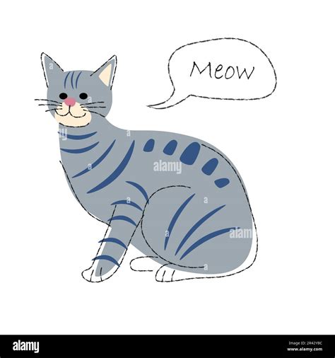 Gray Tabby Cat Cute Cartoon Characters Flat Shape And Line Stroke
