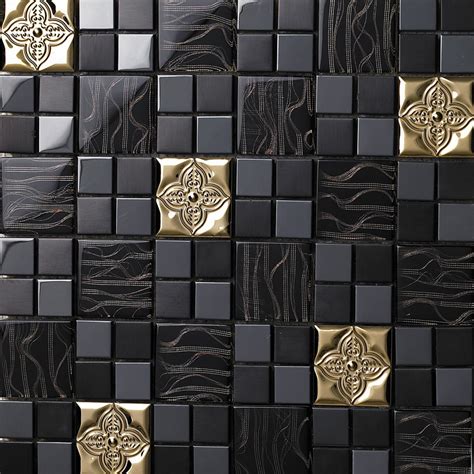 Glass Mix Metal Mosaic Tile Patterns Metallic Bathroom Wall Tiles Black Crystal Backsplash