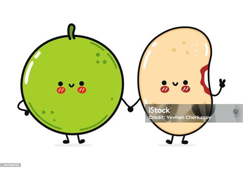 귀엽고 재미있는 행복한 콩과 완두콩 캐릭터 벡터 손으로 그린 만화 Kawaii 캐릭터 그림 아이콘입니다 재미 있는 만화 행복한