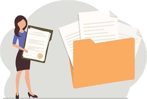 사업가는 종이 문서를 보유하고 있습니다 여자는 큰 폴더에 파일을 추가합니다 문서 및 파일의 폴더 저장소가 있는 아이콘입니다