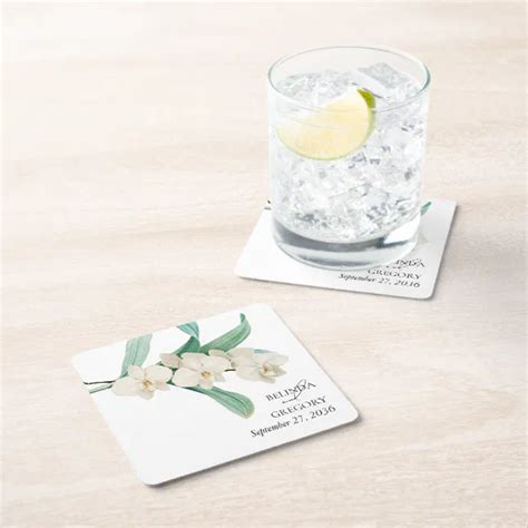 Watercolor White Orchids Floral Wedding Favor Square Paper Coaster Zazzle