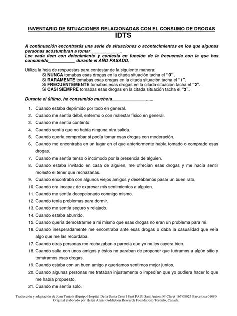 Idts Inventario De Situaciones Relacionadas Con El Consumo De Drogas Pdf
