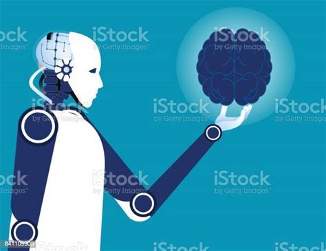 Otak Manusia Robot Memegang Otak Manusia Ilustrasi Vektor Robotik