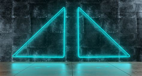 블루 네온 빛 삼각형 반사 3d 렌더링 나무 바닥과 콘크리트 벽 실 미술관에 대한 스톡 사진 및 기타 이미지 미술관 배경 주제 벽 Istock