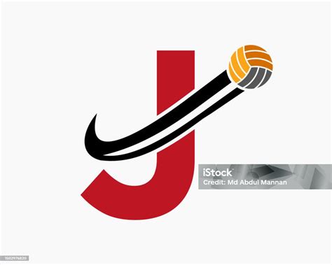 움직이는 배구 공 아이콘이 있는 편지 J 개념에 배구 배구 스포츠 유형 템플릿 Championship에 대한 스톡 벡터 아트 및