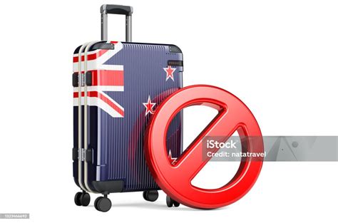 뉴질랜드 입국 금지 뉴질랜드 국기와 금지 표지판이 있는 여행 가방 흰색 배경에서 격리된 3d 렌더링 0명에 대한 스톡 사진 및