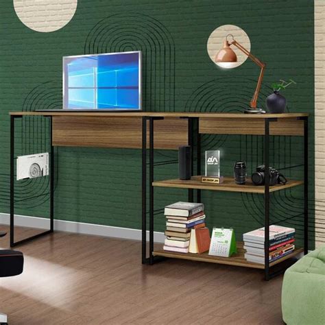 Escrivaninha Com Estante Baixa 3 Prateleiras Estilo Industrial 159 Cm